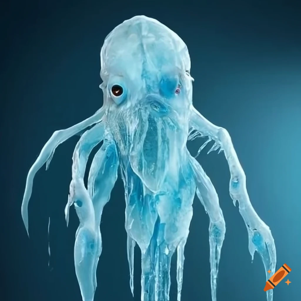 A scary ice monster made of thin transparent icicles. it's the shape of ...