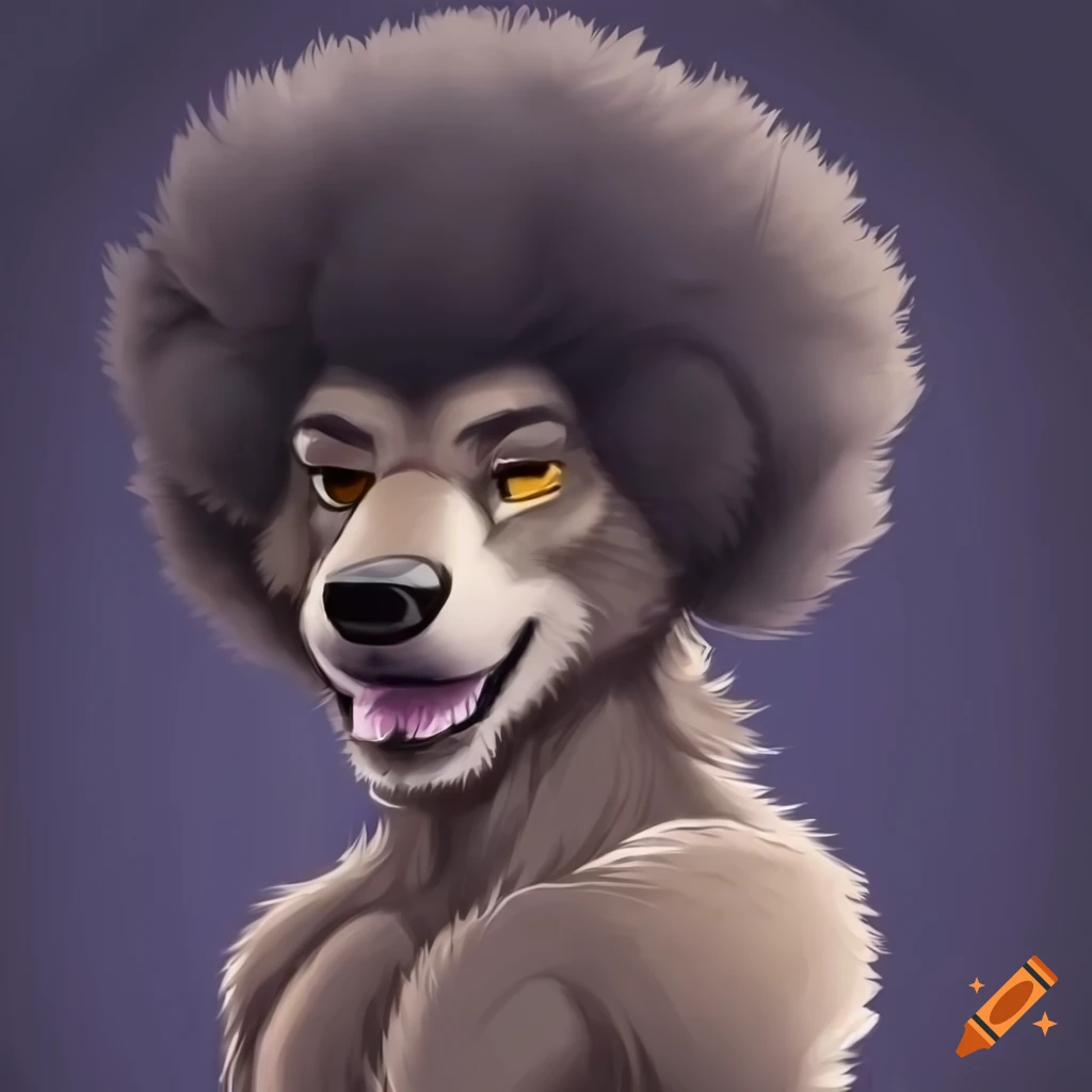 Male anthro wolf furry with a large afro on Craiyon