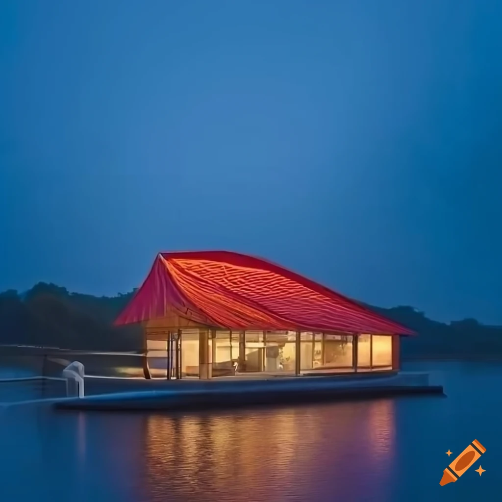 Exterior view of a Riverside sleek Japanese cafe made of colored glass ...