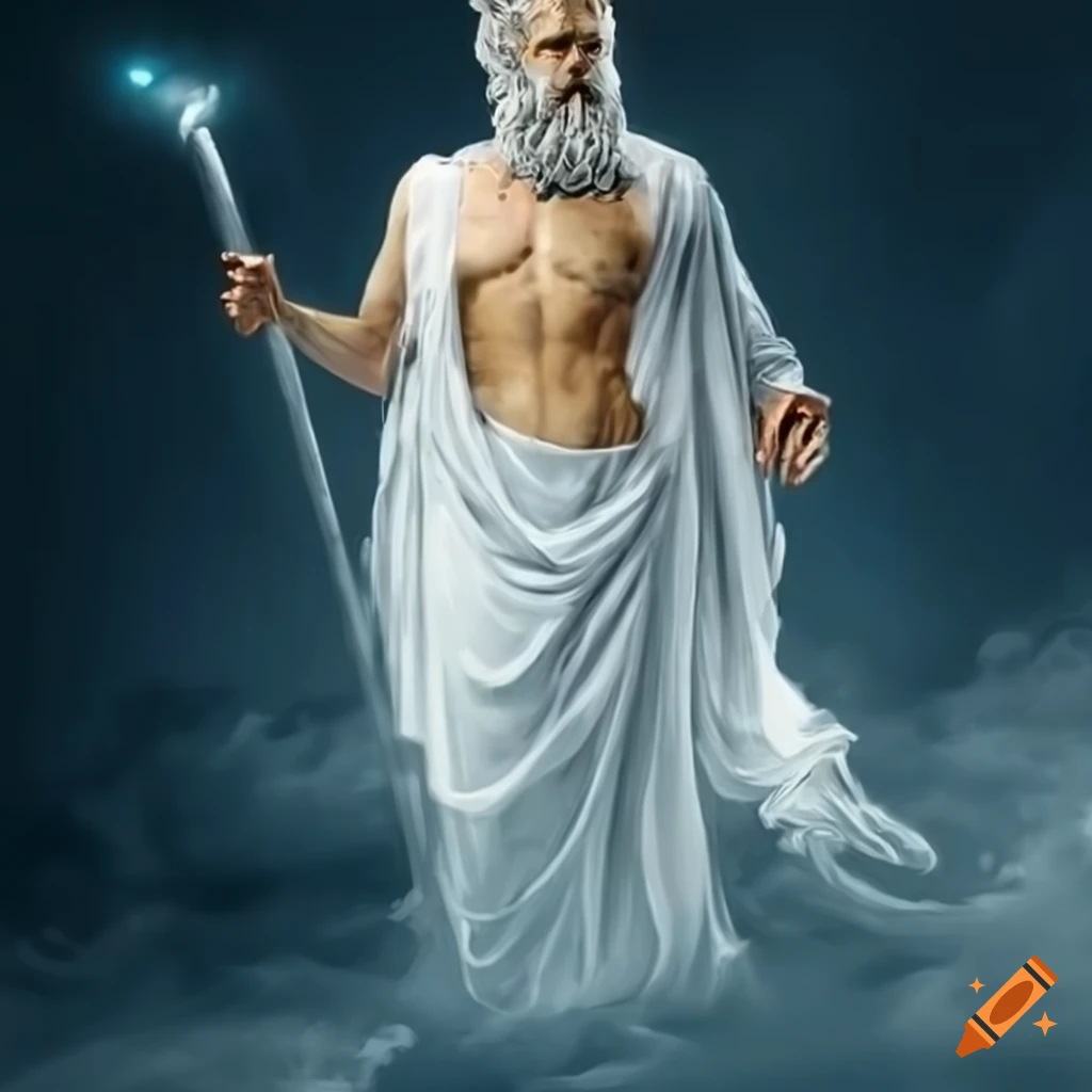 Zeus, wearing a white greek robe and floating on a gray cloud on Craiyon