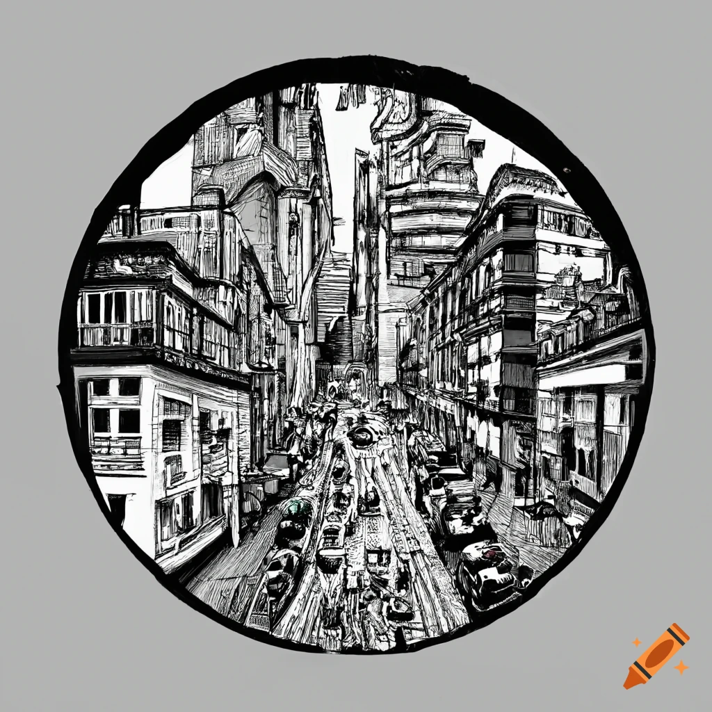 Create a black white detailed image of many miniature urban items in a ...