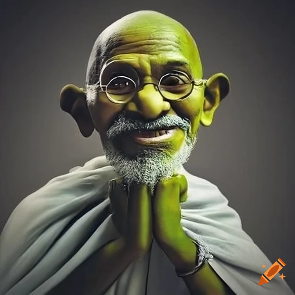 Gandhi mixed with shrek holds hand up on Craiyon