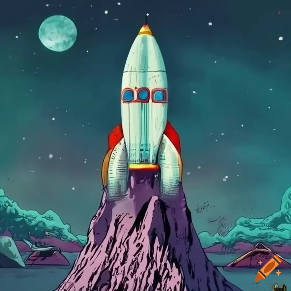 Create an extremely detailed surreal moon rocket in comic style on Craiyon