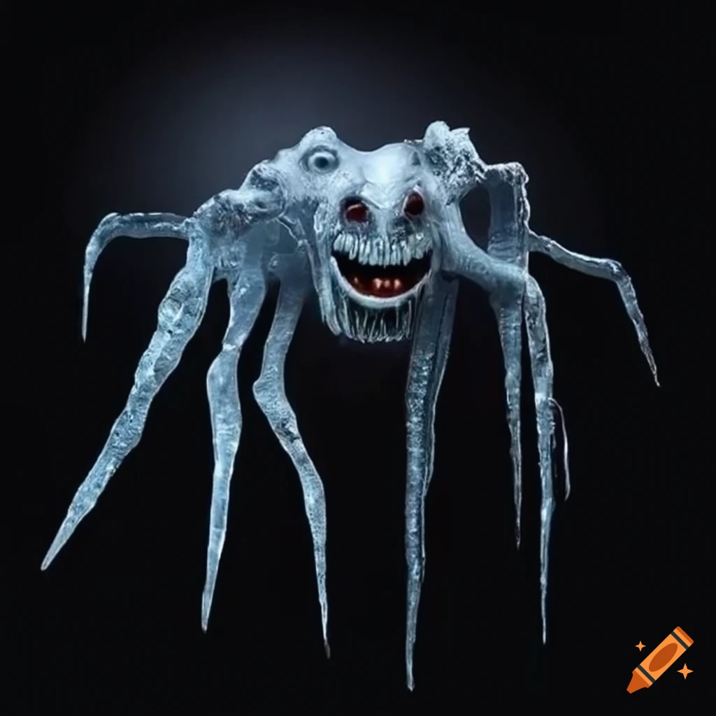 A scary ice beast made of thin transparent icicles. it's the shape of a ...