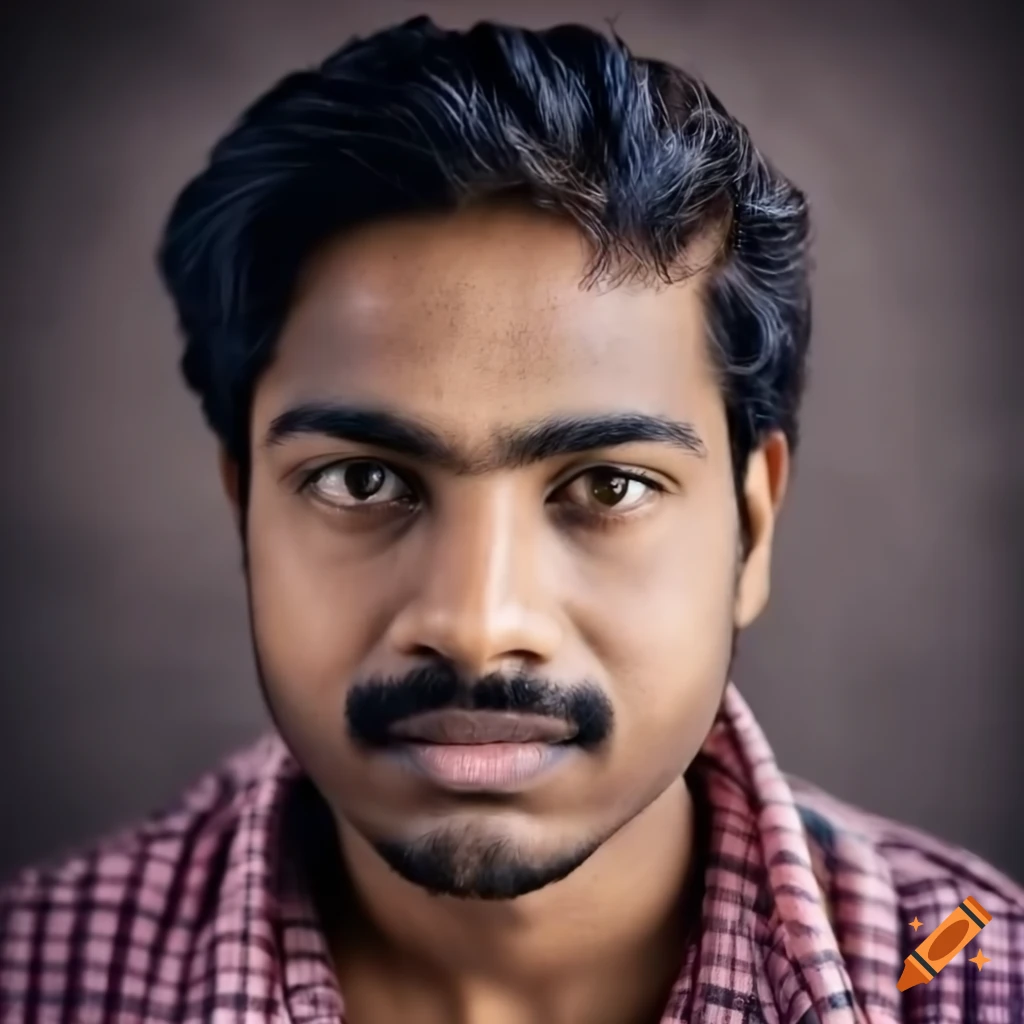 A front view close up portrait of an indian guy looking into the camera ...