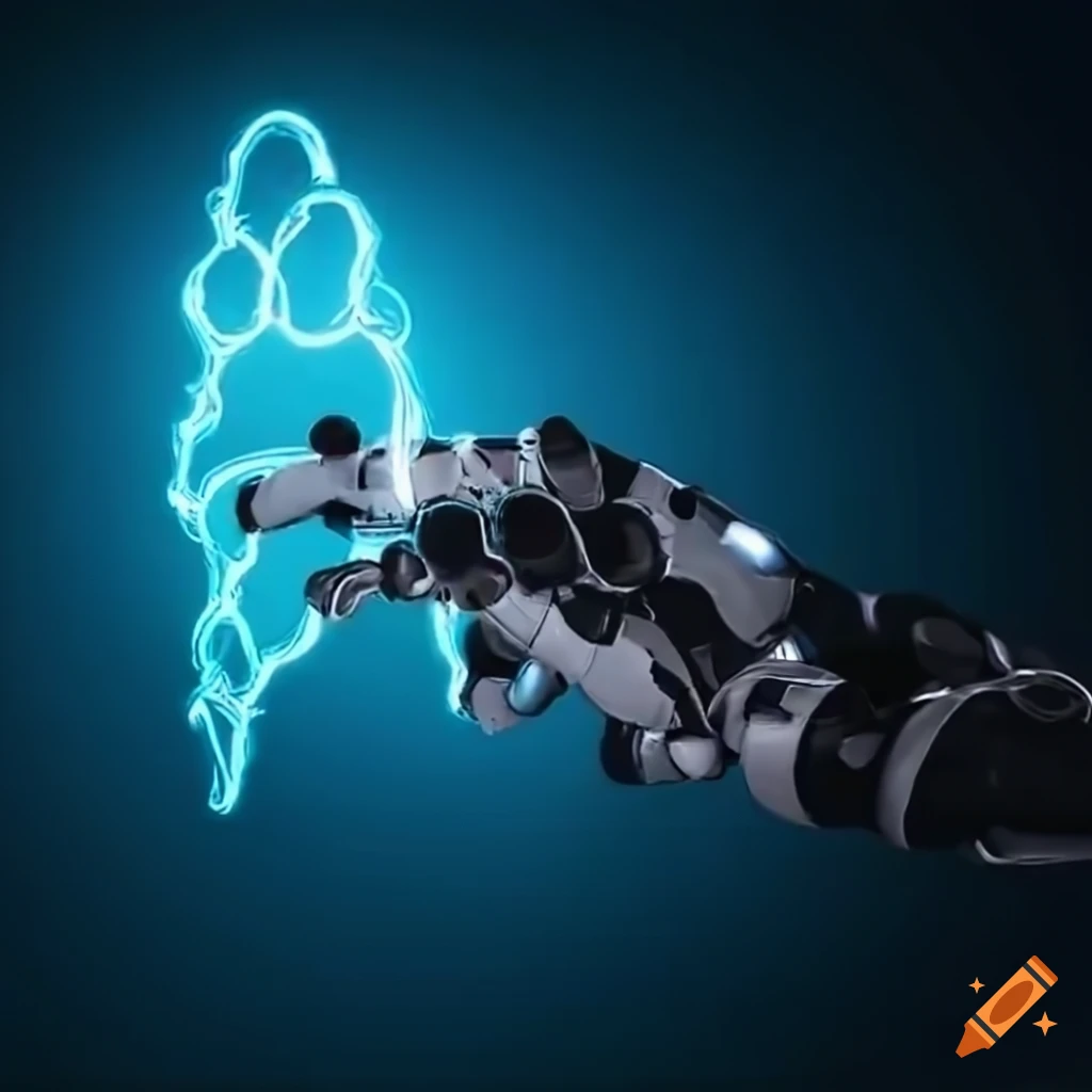 A half human half robotic hand. Thow human fingers and three robotic ...