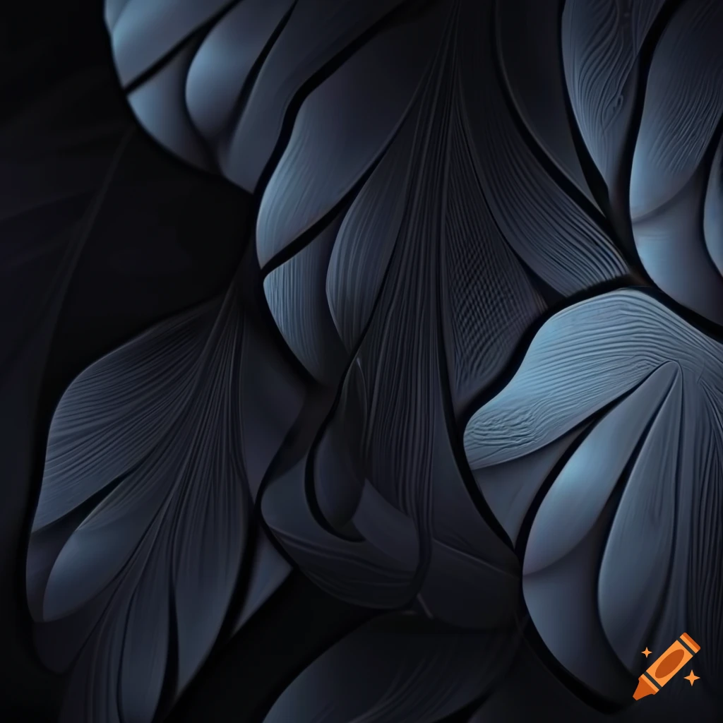 An abstract design of interlocking leaves in bright silver tones on a ...