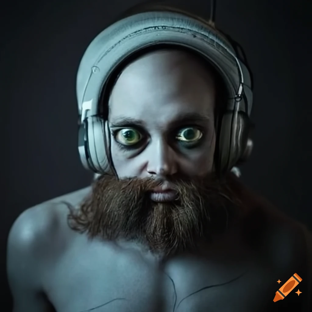 A alien wearing headphones, The alien has a thick beard on Craiyon