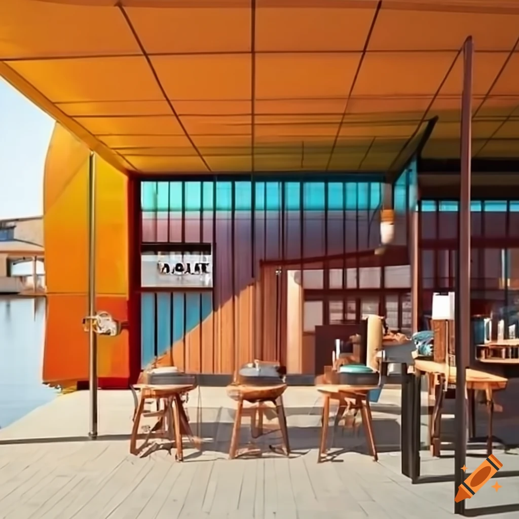Riverside scandinavian cafe made of colored glass, sculptural fabric ...
