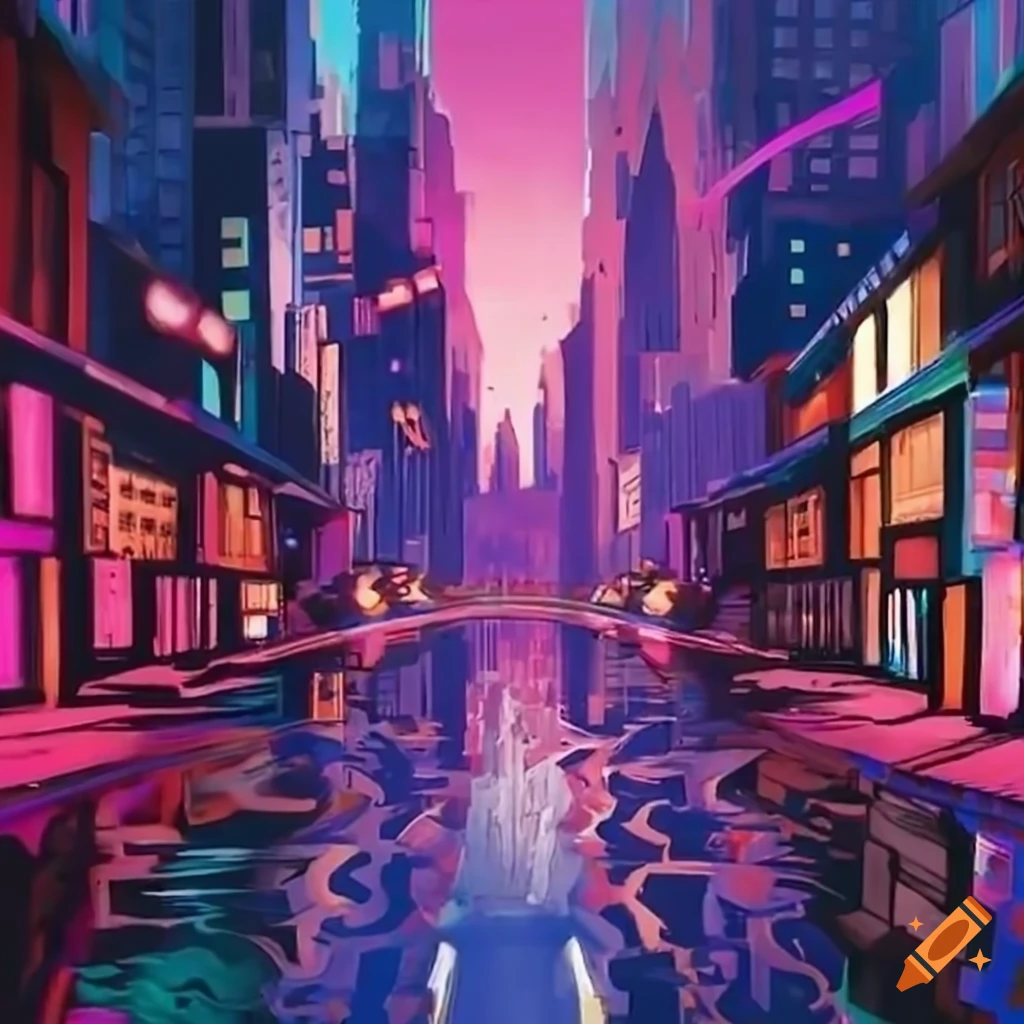 A vibrant cityscape inspired by 'into the spider-verse'