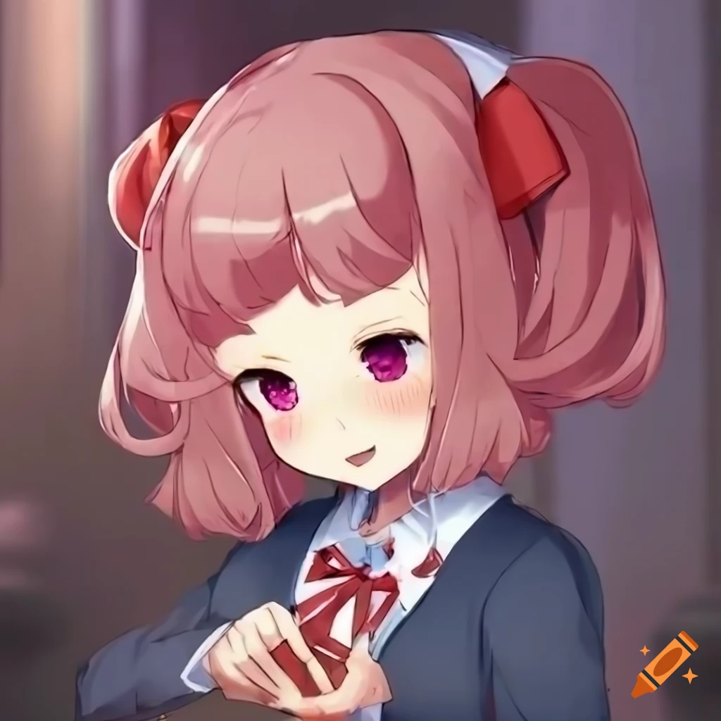 Ddlc Natsuki with one excessively long hair bang crossing her face with a red hair clip on it on ...