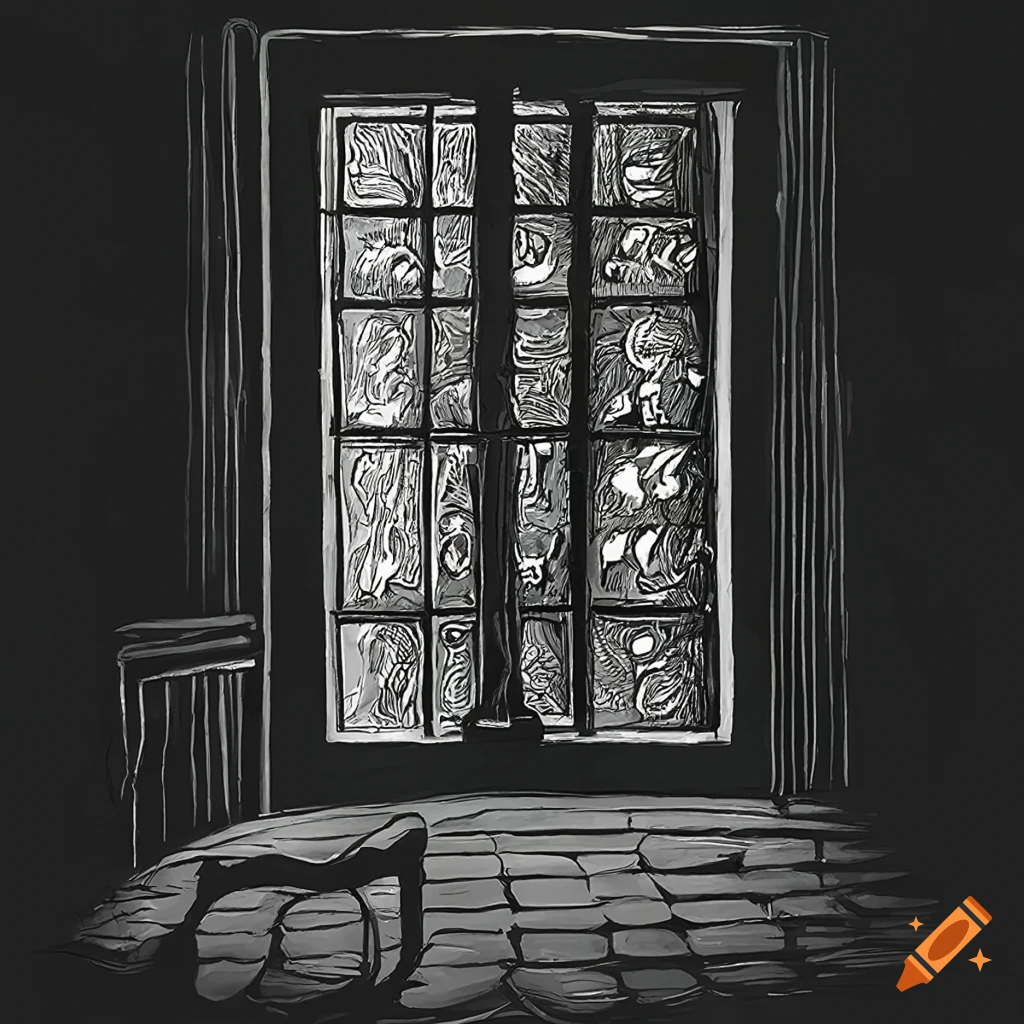 Dim lit room big dark window at night myterious comics painting on Craiyon