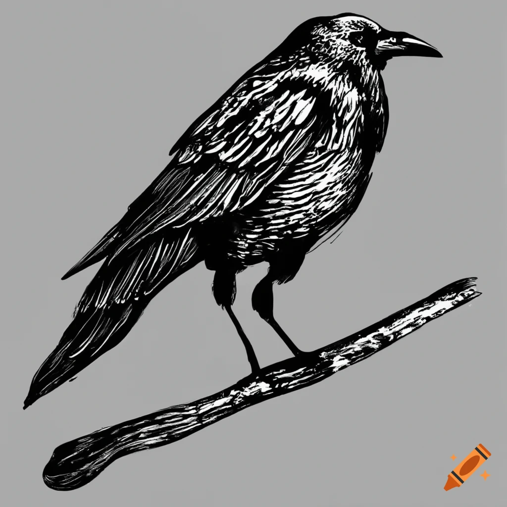 A black crow sitting on a stick black and white drawing on Craiyon