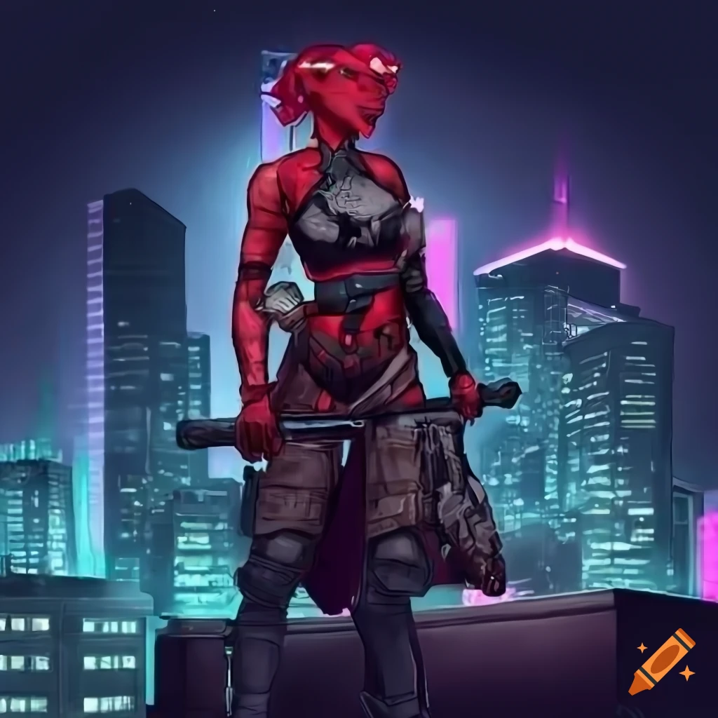 Red-skinned, leather-clad, non-binary tiefling, a cyberpunk sniper with ...