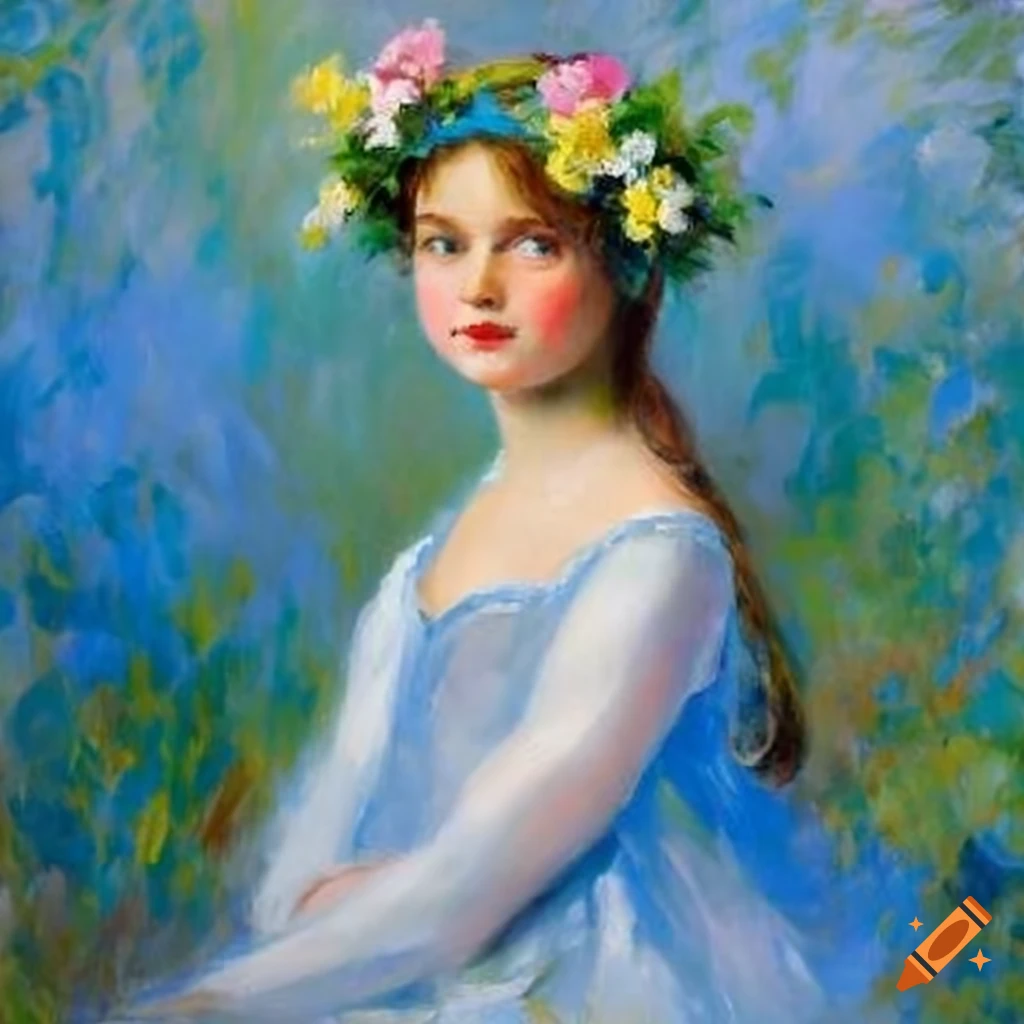 A graceful girl with a flower crown in a Monet painting on Craiyon