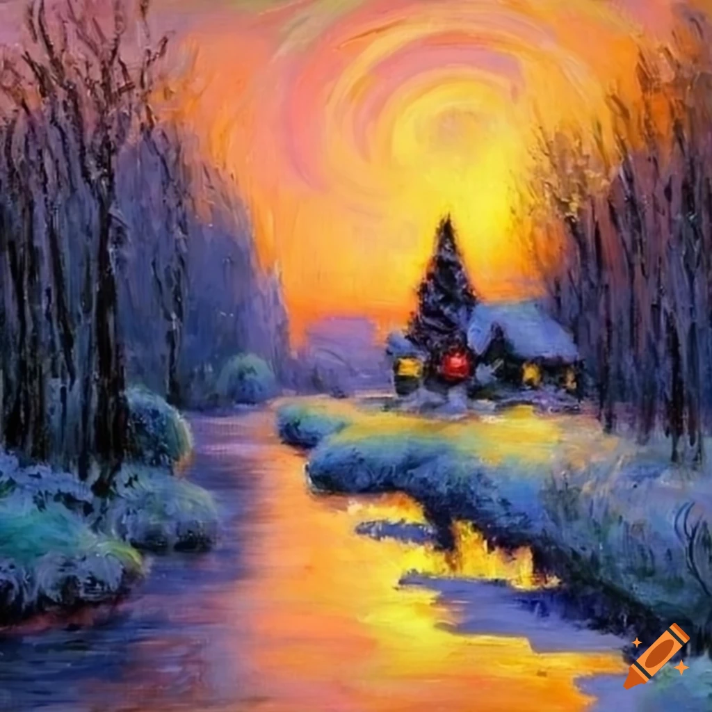 Oil painting, winter, christmas, monet, monet inspiration