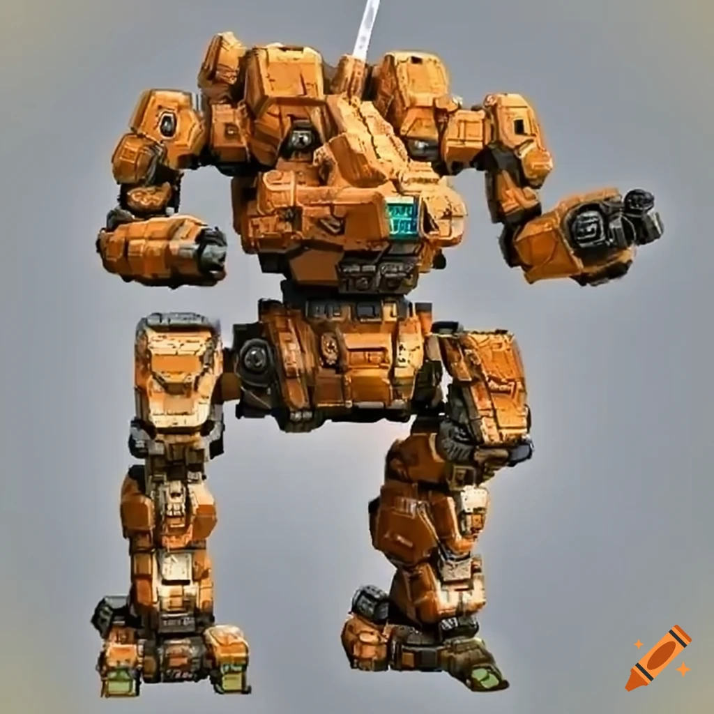 Mechwarrior Hunchback in orange and tan colors shooting lasers in a desert on Craiyon