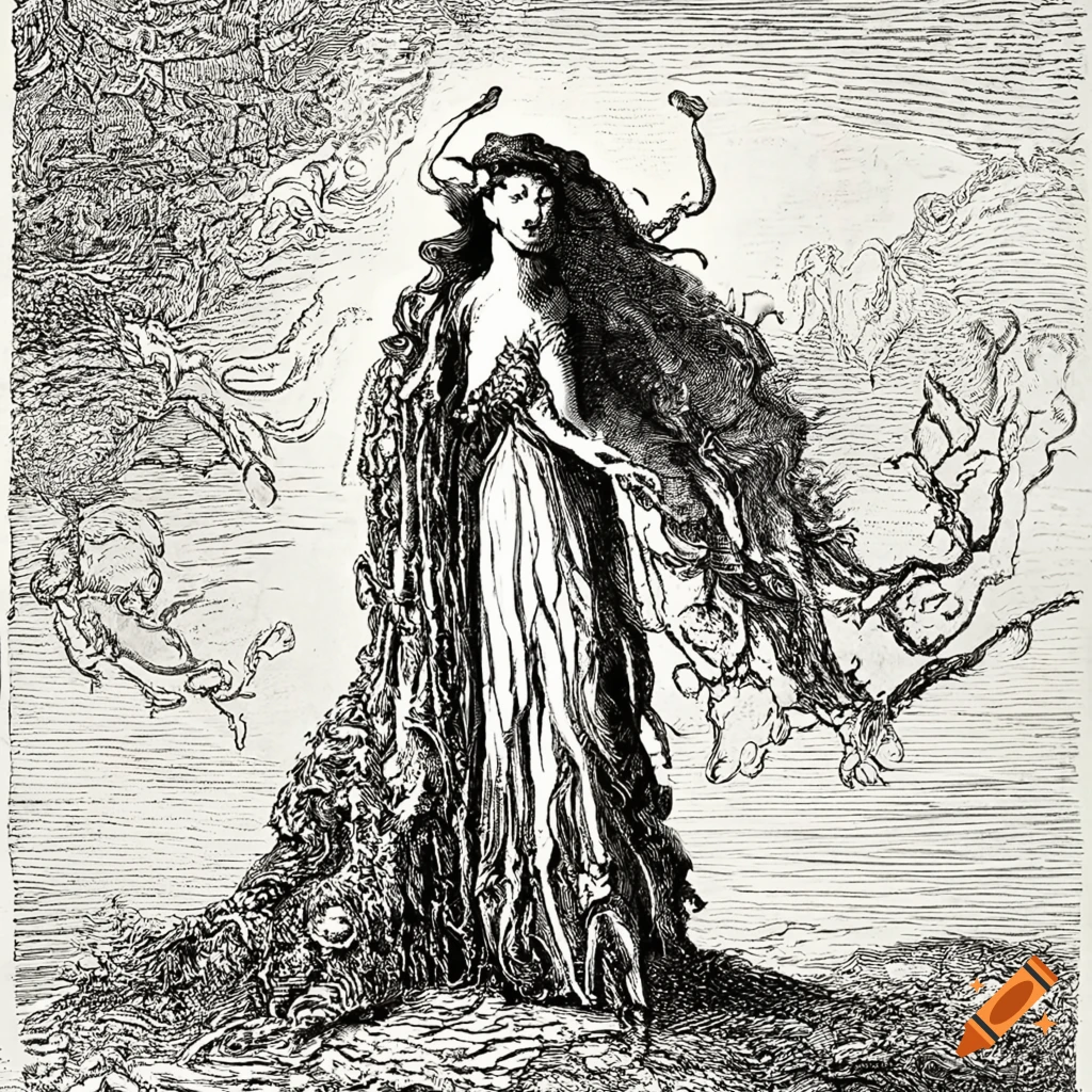 Old black and white engraving in the style of gustave doré, natalie ...