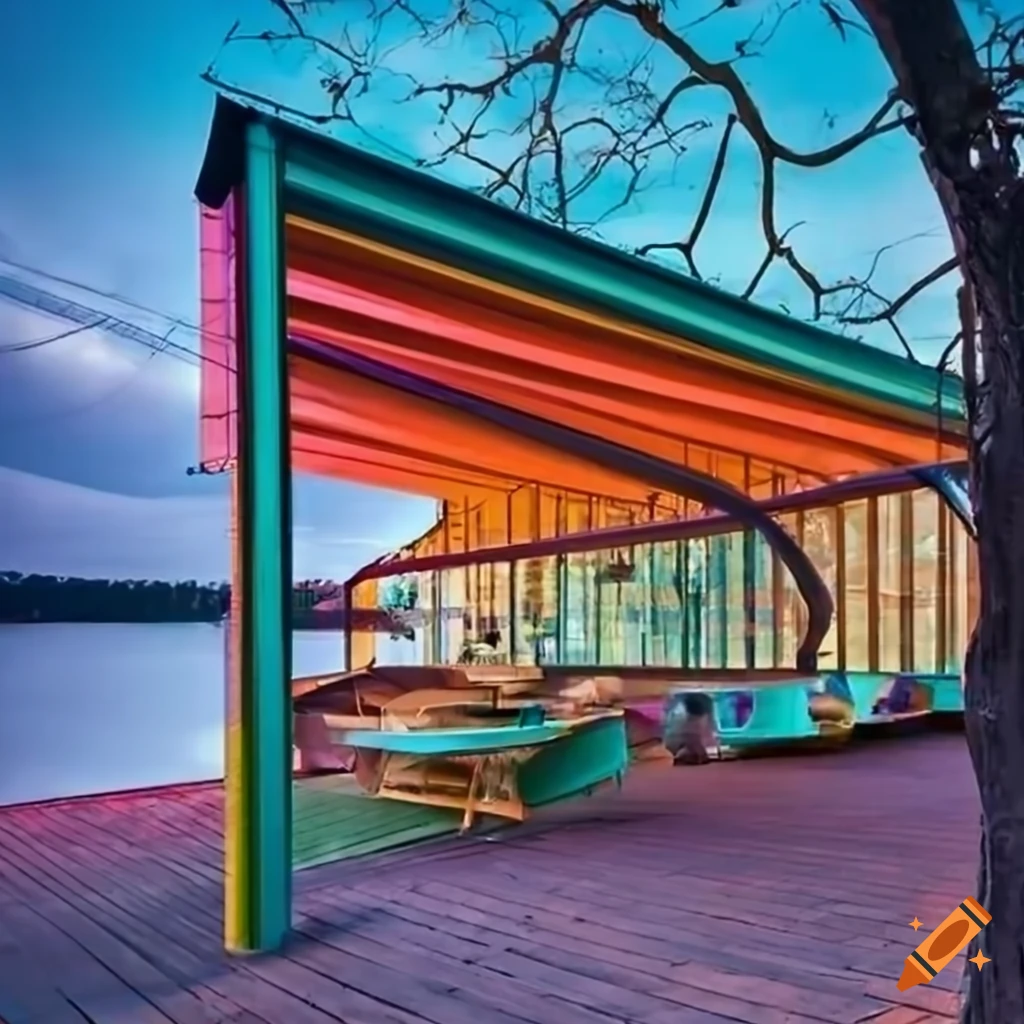 Exterior view of a riverside scandinavian cafe made of colored glass ...
