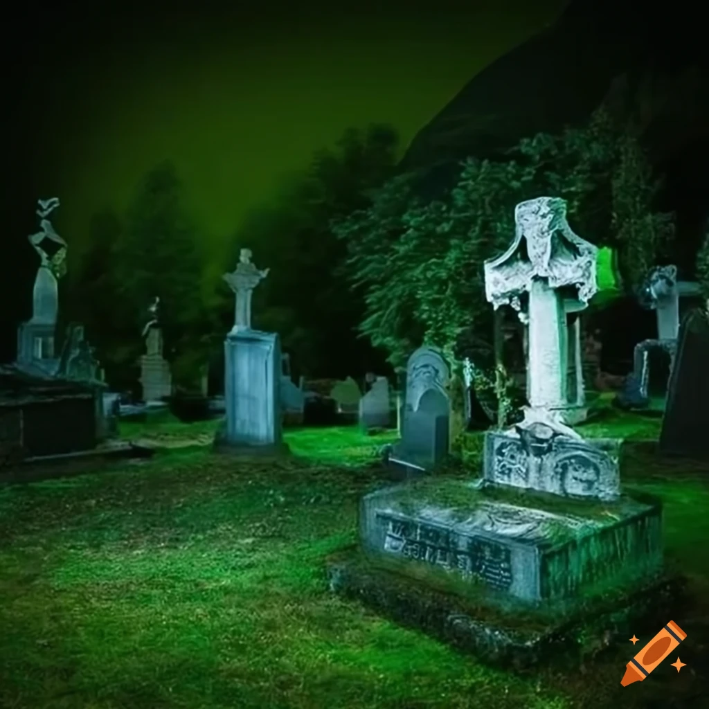 Photo of a grave in graveyard, green themed night with lightning ...