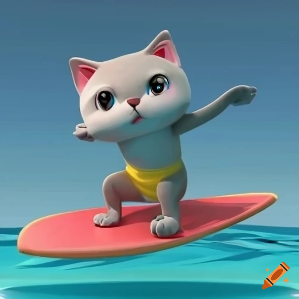 Cat surfing on surfboard cartoon 3d kawaii