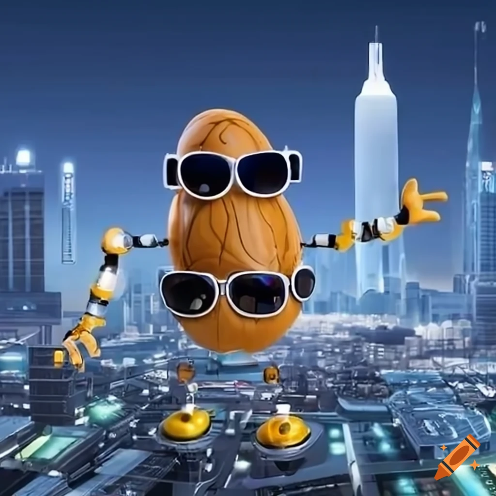 An adorable robotic peanut wearing sunglasses in a futuristic city on ...