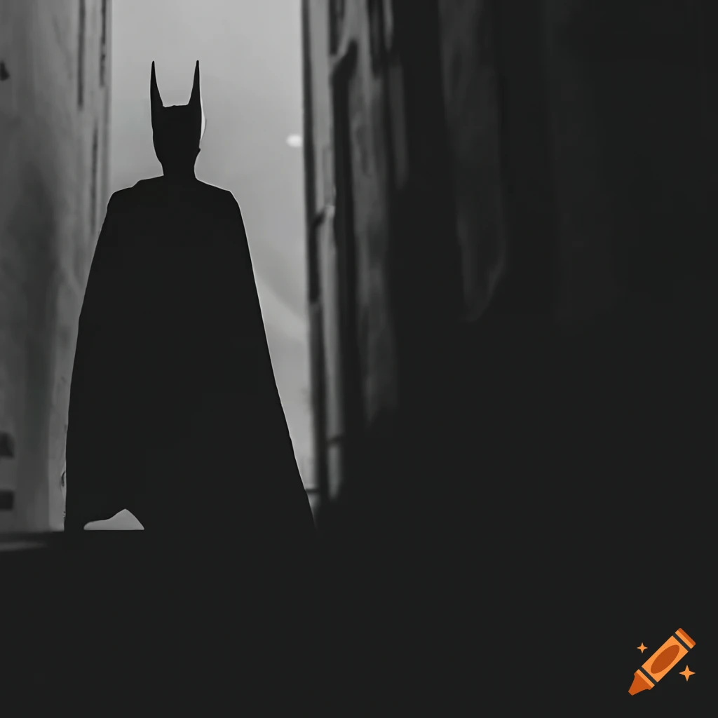 Batman tall shadowy silhouette standing in a dimly lit alley on Craiyon