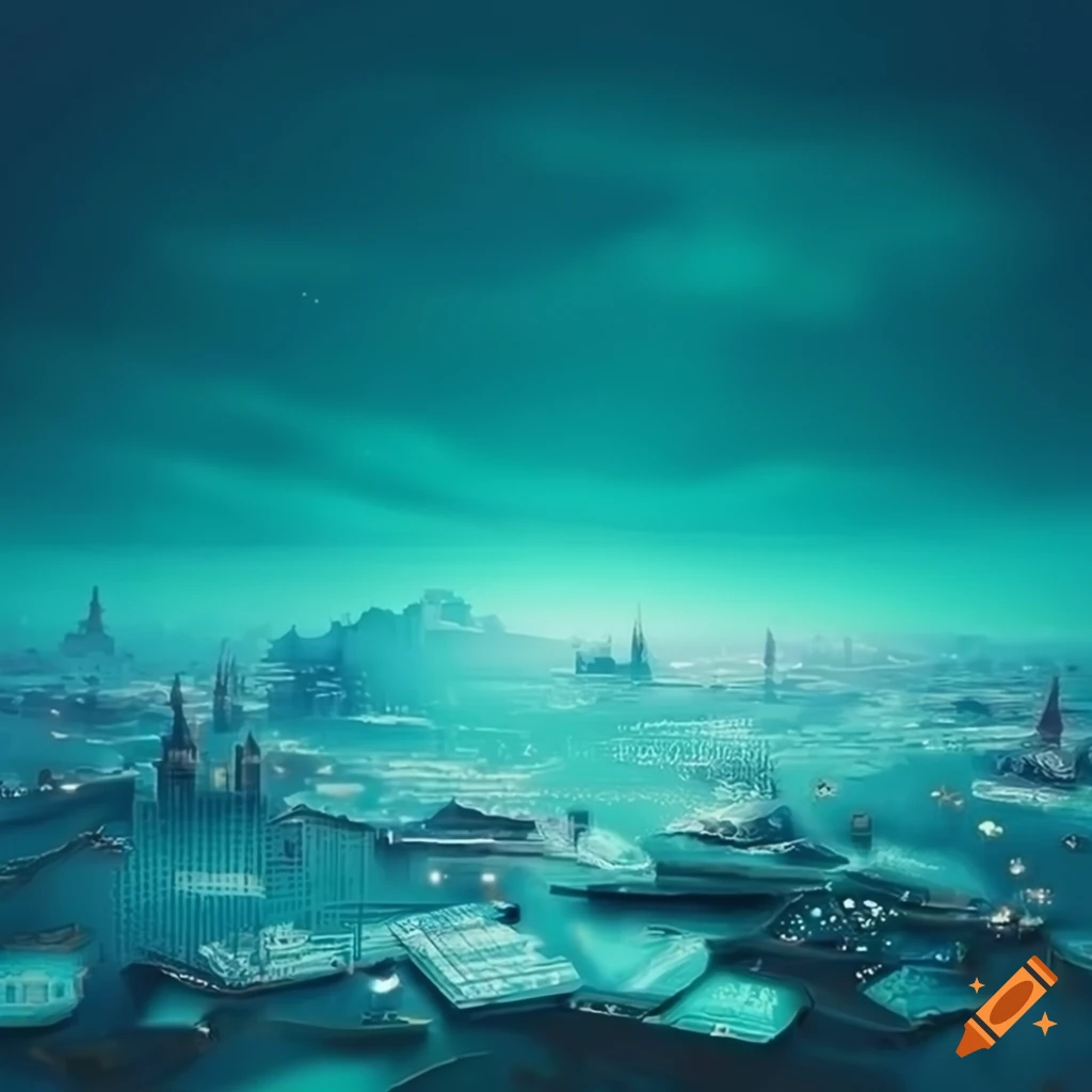 Floating city, turquoise space background on Craiyon