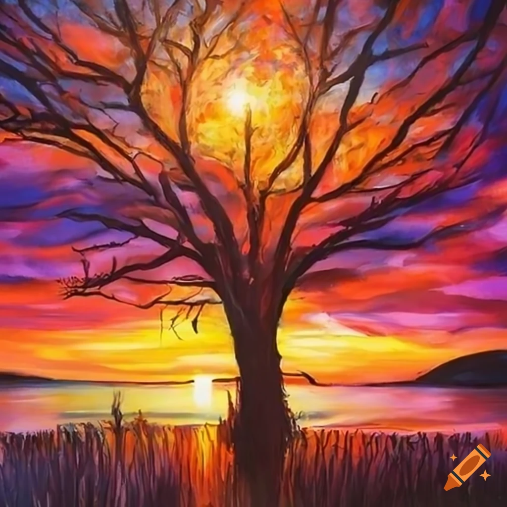A stunning painting of a majestic koa tree at sunset