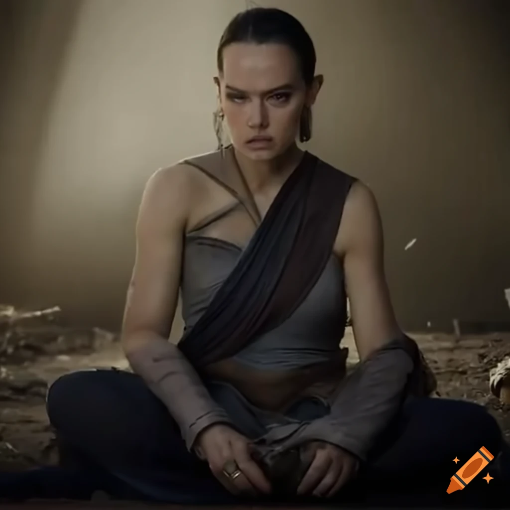 A distraught Daisy Ridley as Rey kneeling in a destroyed desert village ...