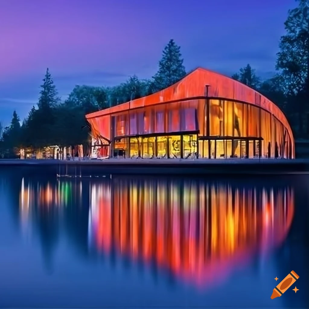 Exterior view of a riverside scandinavian cafe made of colored glass ...