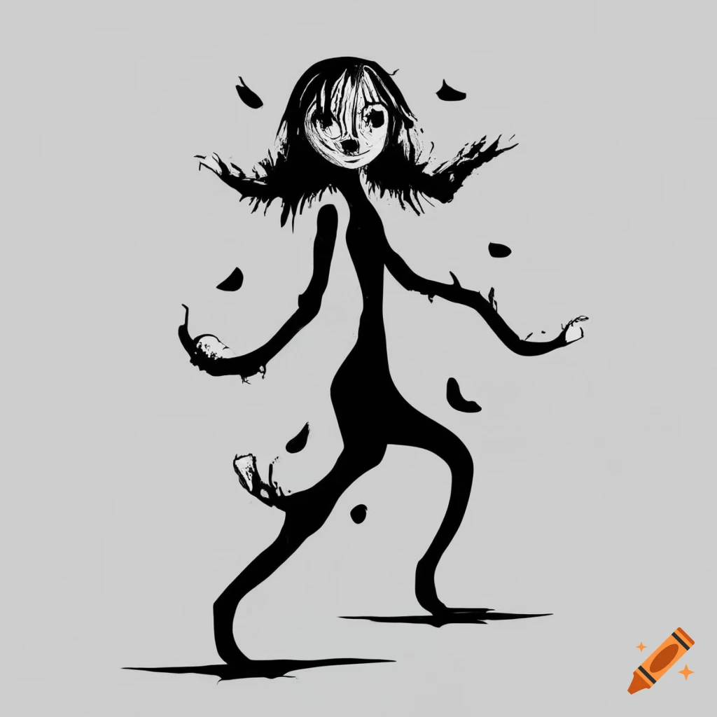 Abstract disturbing shape standing on hind legs drawn in black ink on ...