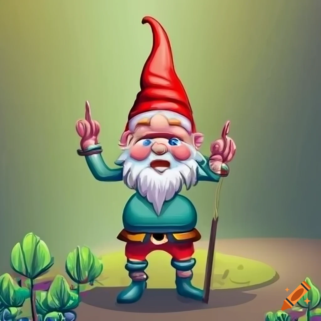 Cartoon image of two sad gnomes with a cap in the garden pointing up on ...