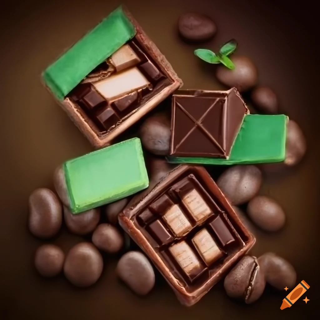 Photorealistic montage of photography, of Chocolate squares, coffee ...
