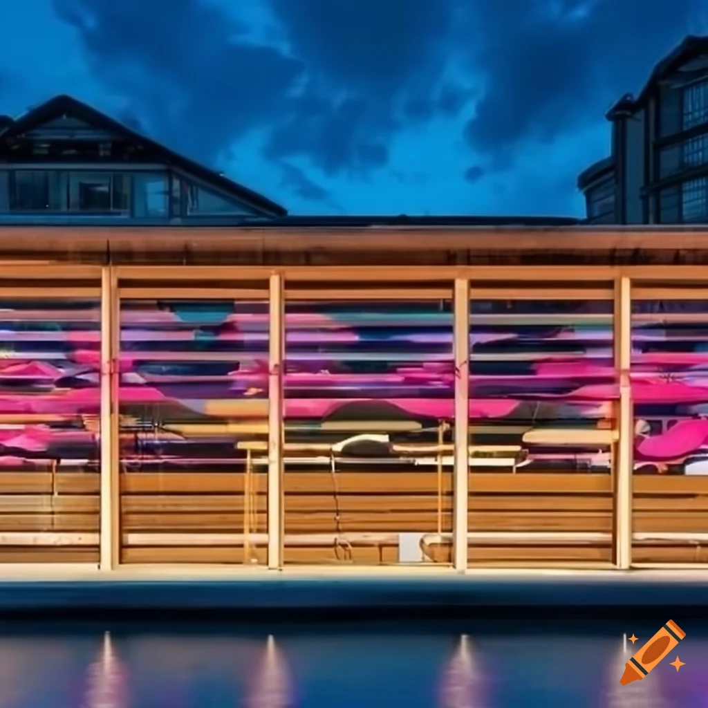 Exterior view of a riverside sleek japanese cafe made of colored glass ...