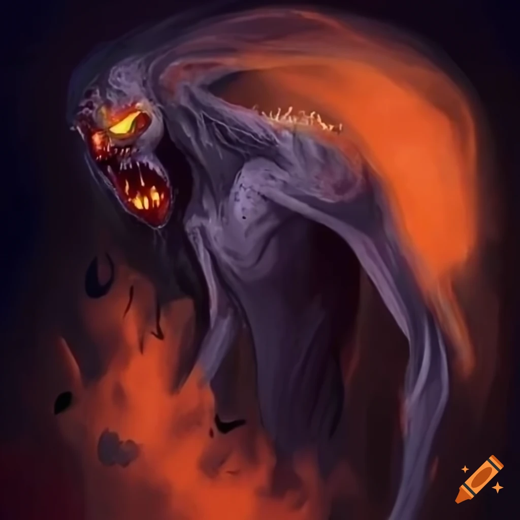 Ghostly supernatural wind monster, savage fangs, with bright glowing ...