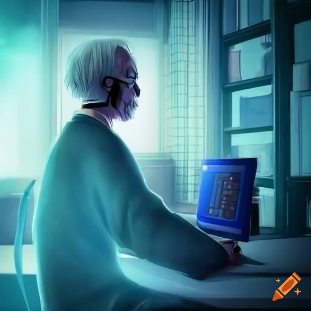 A lonely older man watching anime in his computer on Craiyon