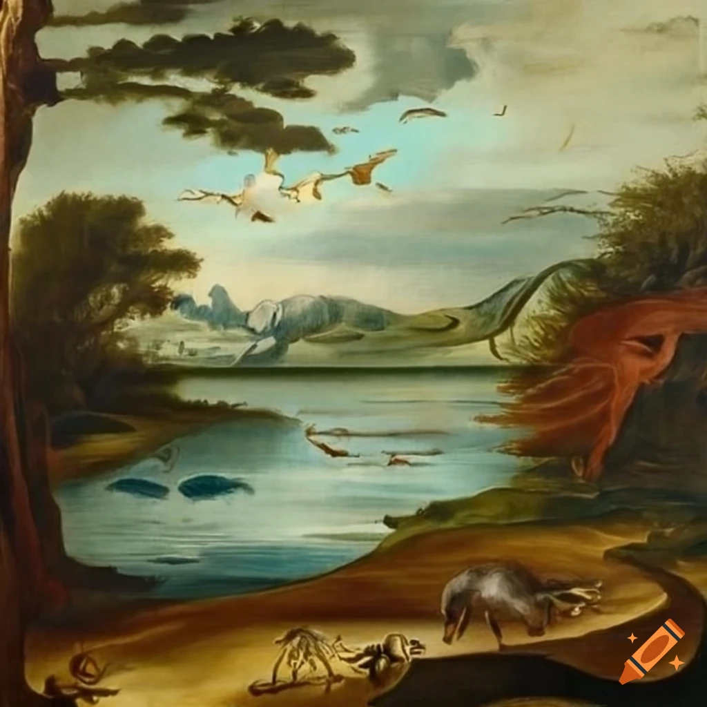 Painting of a landscape with animals, trees, water and clouds by ...