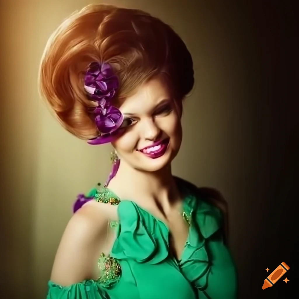 A cheerful retro woman with a stylish bouffant updo, wearing a green ...