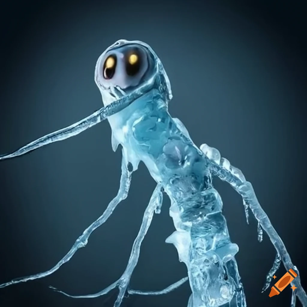 A scary ice beast made of thin transparent icicles. it's the shape of a ...