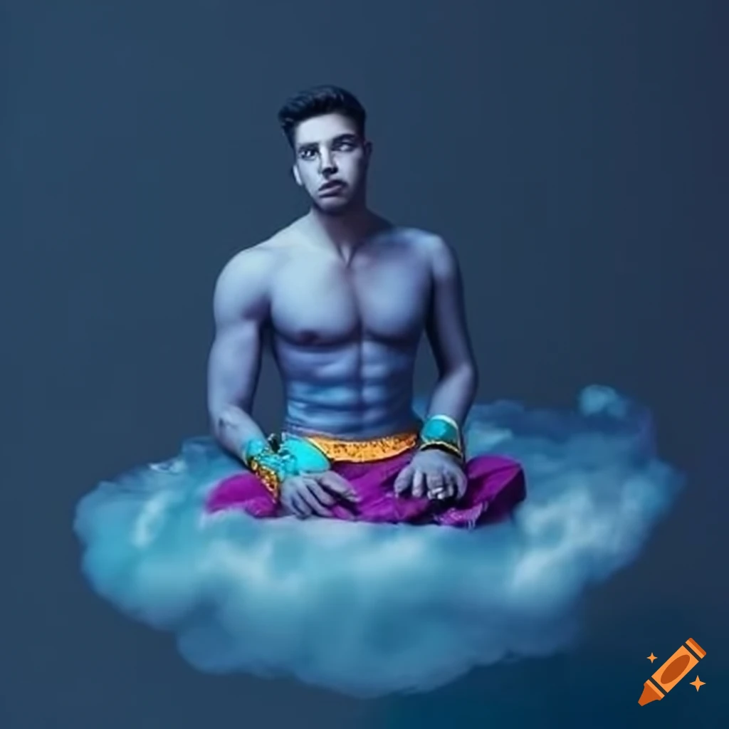 Handsome male genie sitting on a cloud on Craiyon