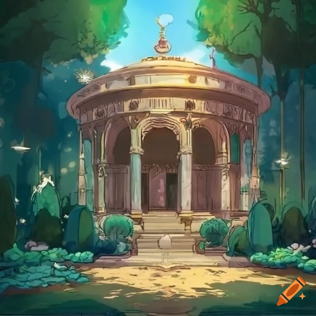 A circular marble temple adorned with jewels, surrounded by a ...