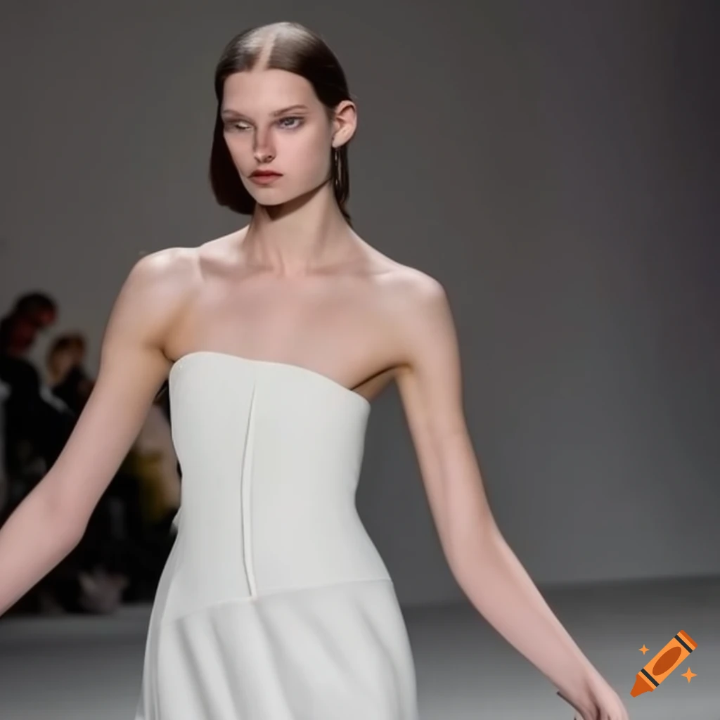 A stylish model in an avant-garde white dress on a runway on Craiyon