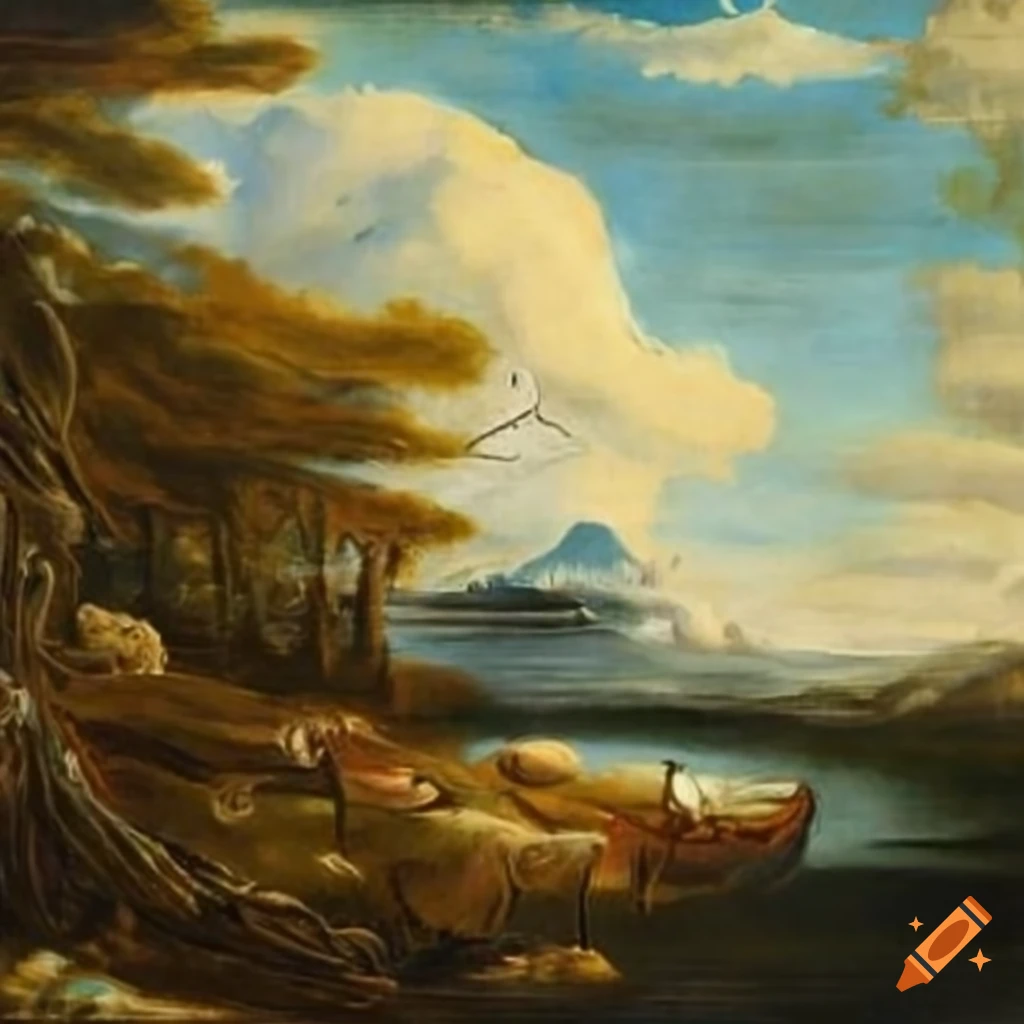 Painting of a landscape with animals, trees, water and clouds by ...