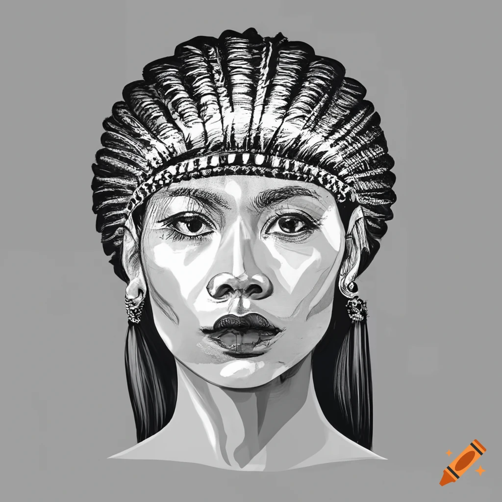 Rostro de mujer indígena en tonos monocromáticos (blancos, negros, grises) al estilo de rostros ...