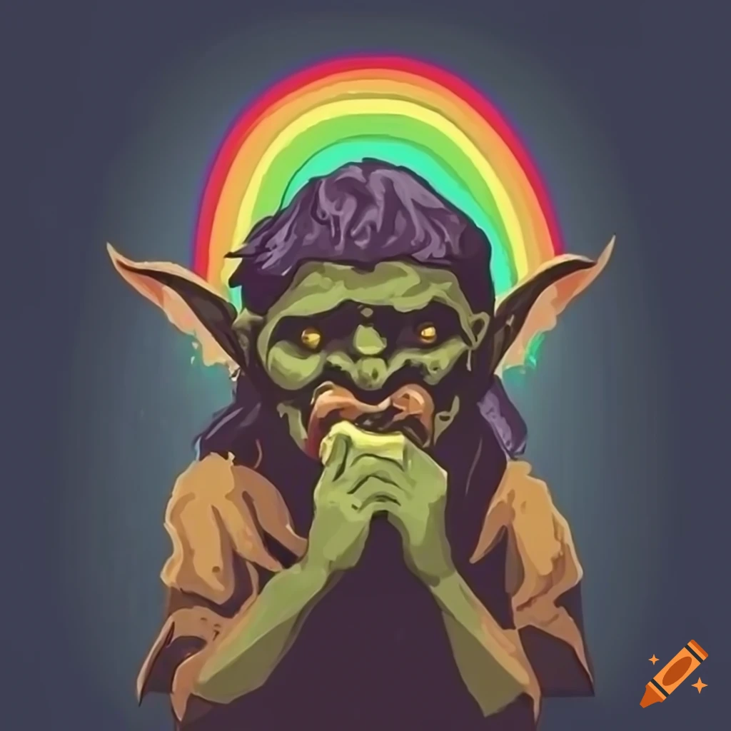 A goblin eating a rainbow, dark, digital art painting
