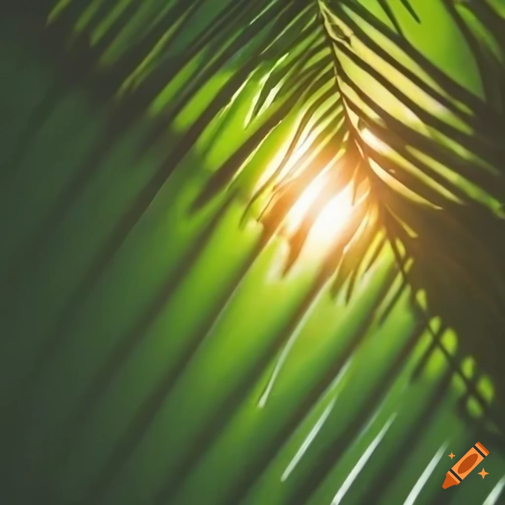 Sun reflections and palm leaf shadows on green background. closeup