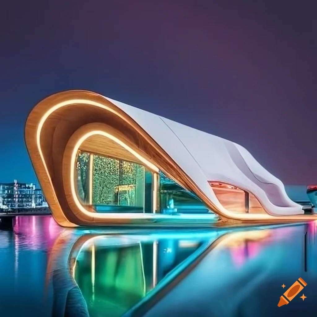 Riverside futuristic scandinavian cafe made of colored glass ...