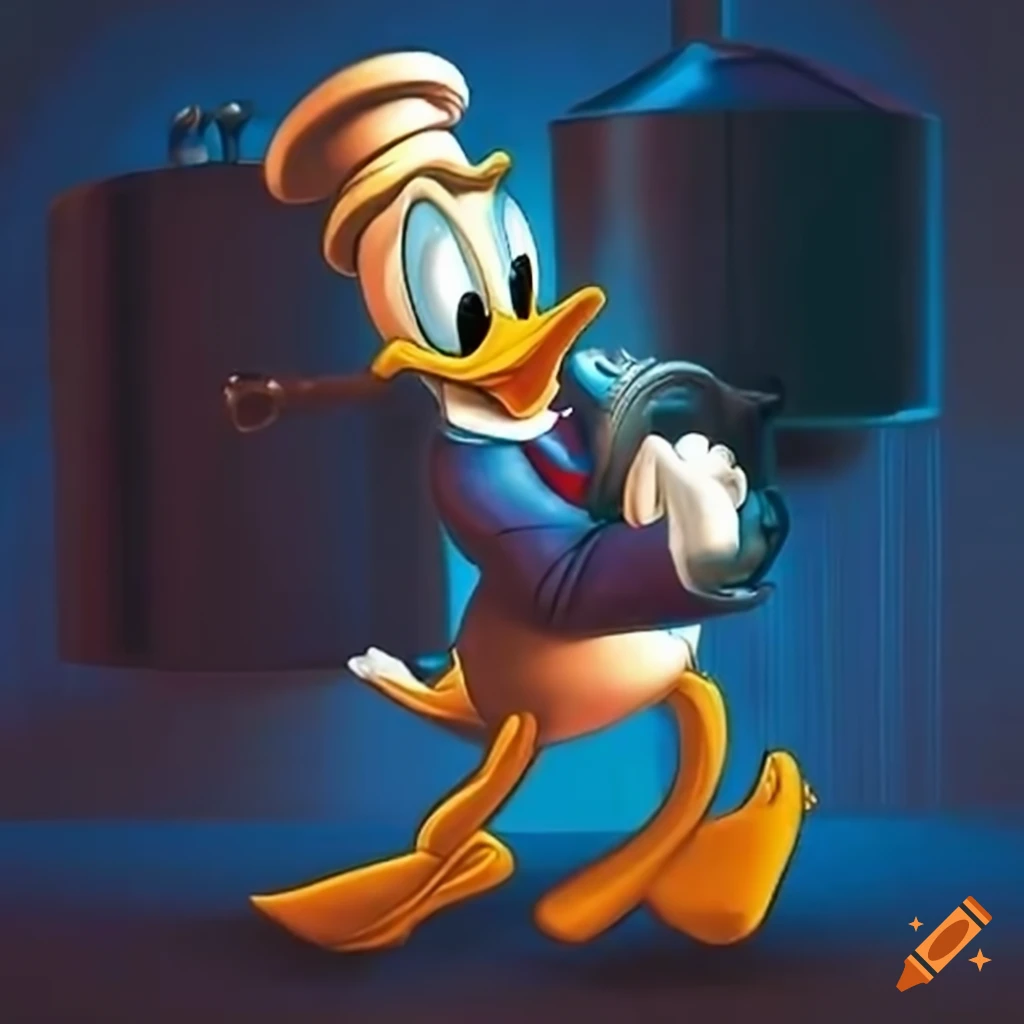 Donald duck wearing mechanic outfit fixing huge water heaters