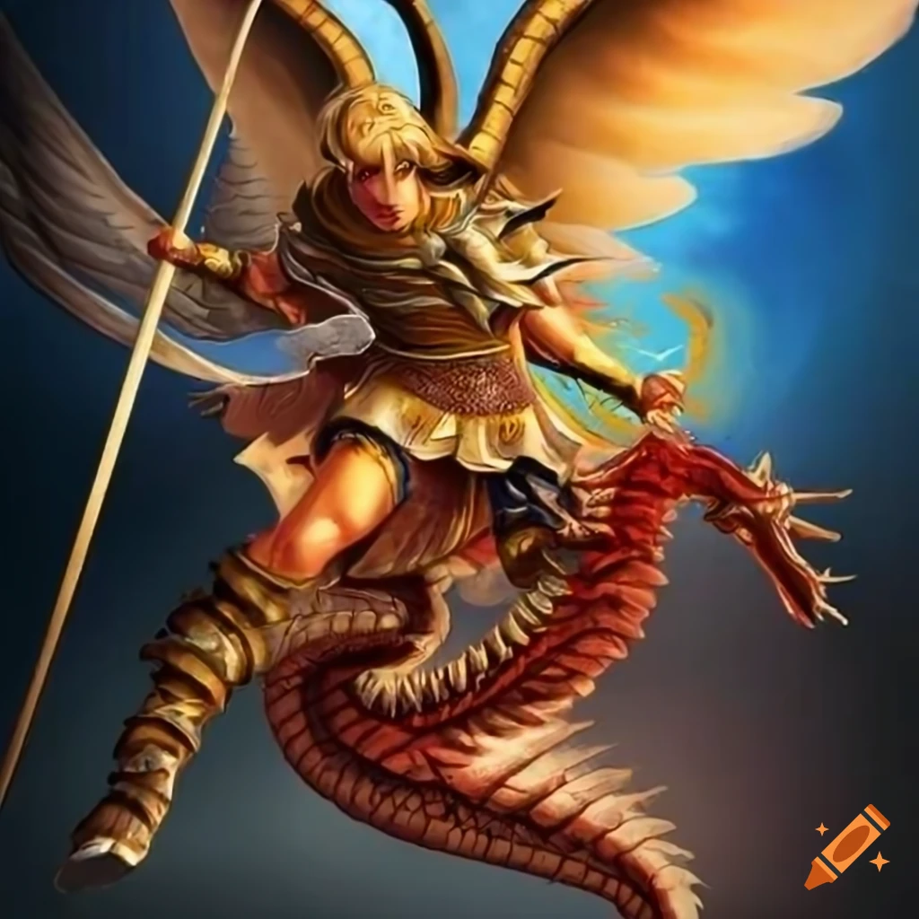 Illustration of archangel michael battling a fierce dragon